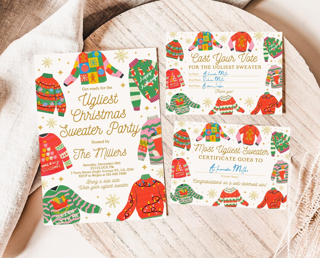 Editable Ugly Sweater Party Invitation Bundle, Christmas Ugly Sweater ...