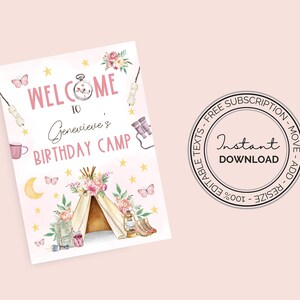 Editable Girl Camp Welcome Sign, Camp Out Sleepover Party Sign ...
