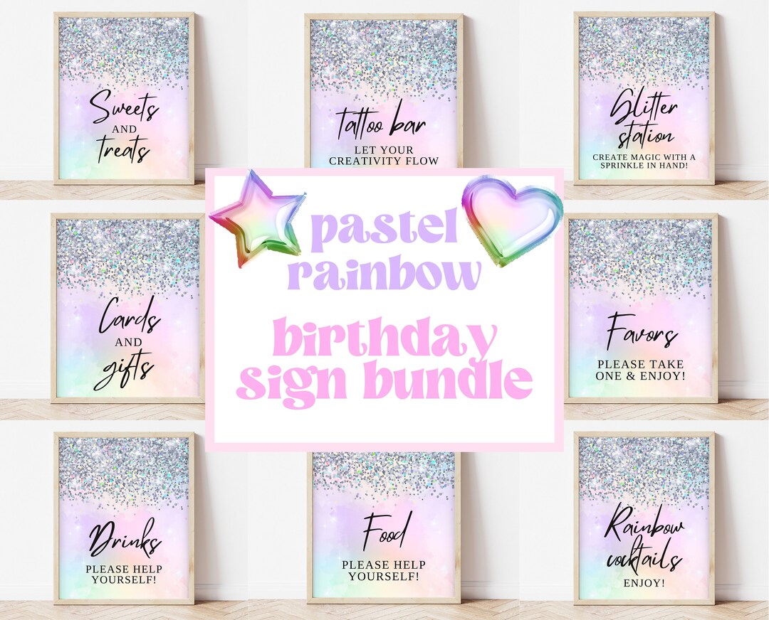 Editable Pastel Rainbow Birthday Sign Bundle, Birthday Banner, Foil ...