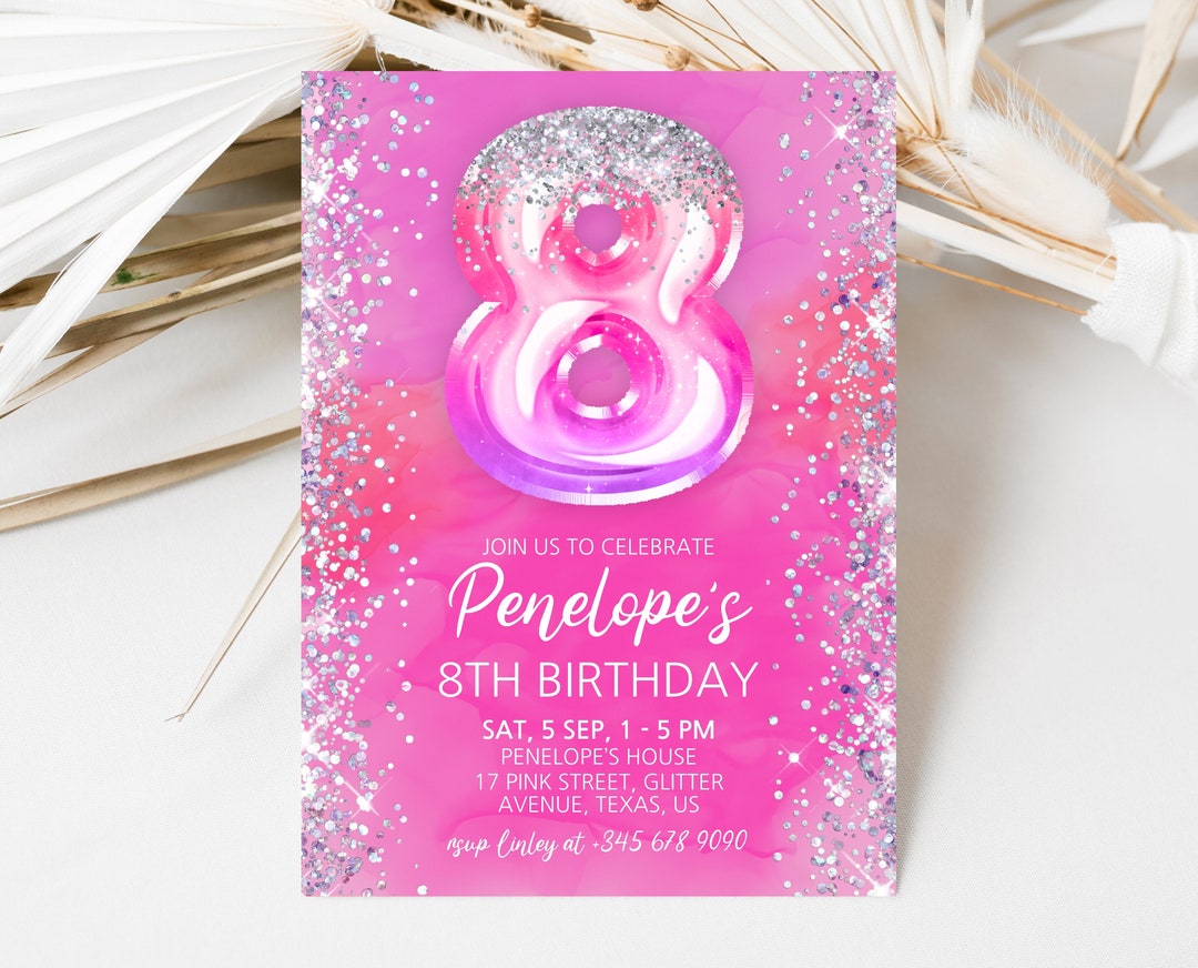 Editable Pink 8th Birthday Invitation Template, Glitter Birthday Invite ...