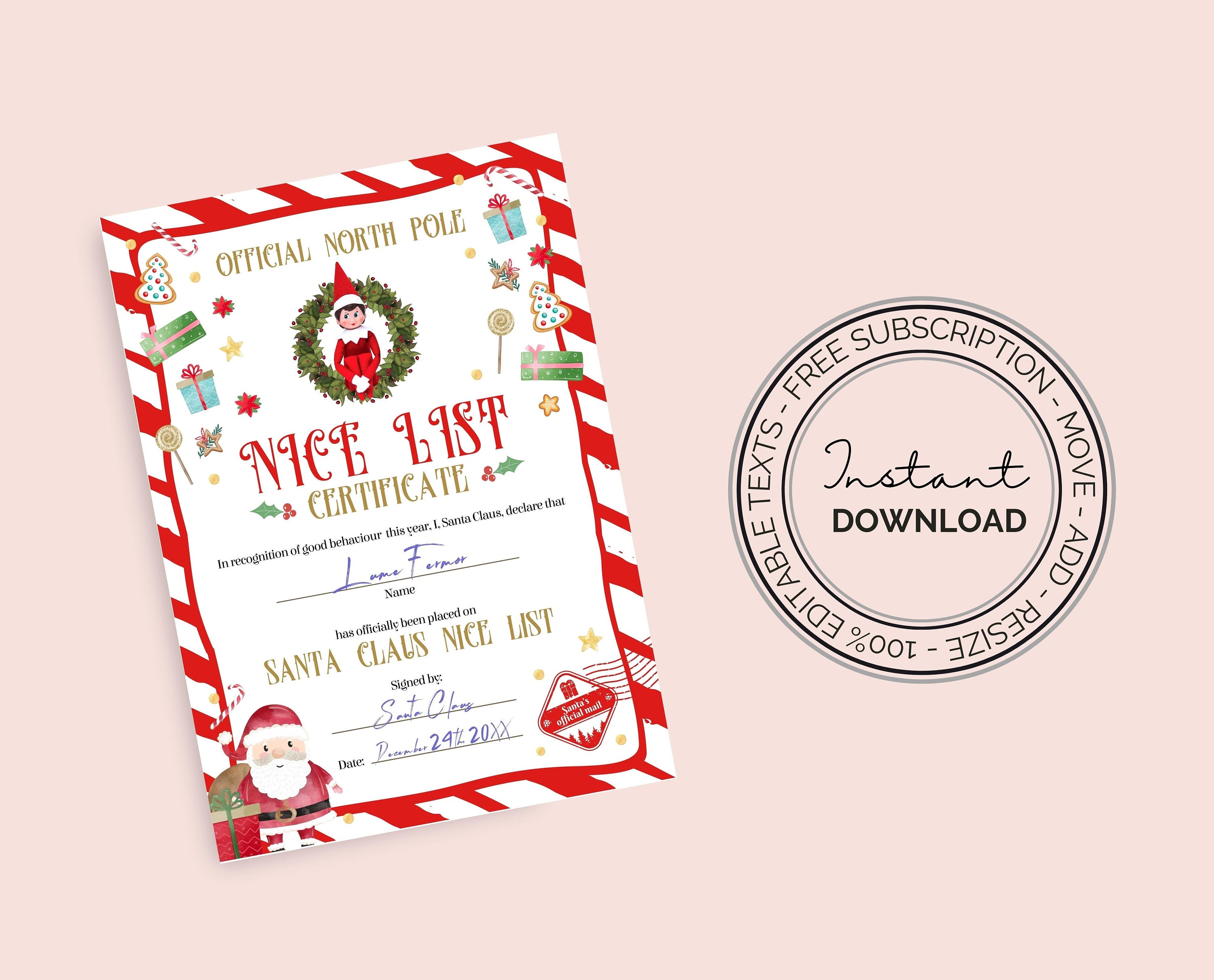 Editable Santa Clause Official Nice List Certificate Letter - Etsy