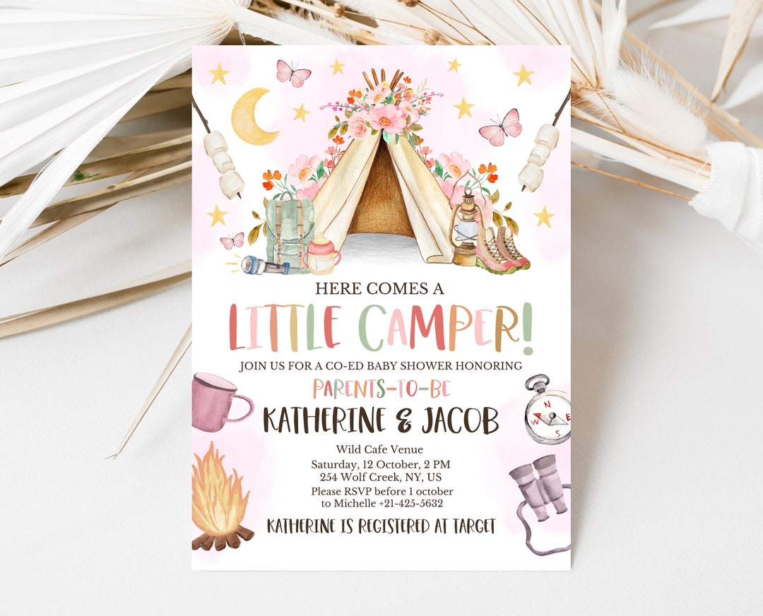 Editable Camping Baby Shower Invitation, Little Camper Baby Shower ...
