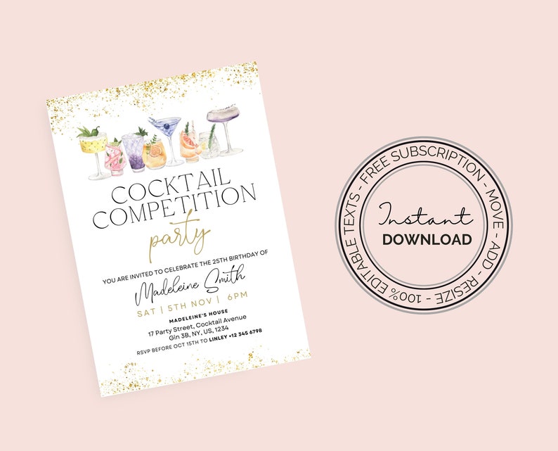 Editable Cocktail Competition Birthday Invitation New Years - Etsy