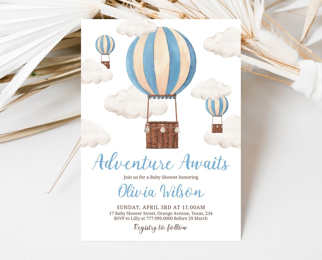 Editable Blue Hot Air Balloon Baby Shower Invitation, Adventure Awaits ...