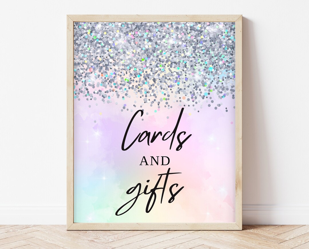 Cards and Gifts Sign Pastel Rainbow Birthday, Glitter Birthday Gifts ...