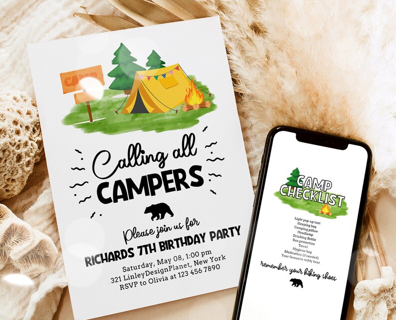 Editable Boy Camp Party Invitation, Camp Out Birthday Party, Printable ...