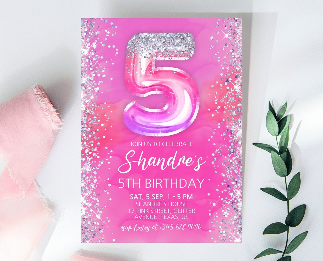Editable Pink 5th Birthday Invitation Template, Glitter Birthday Invite ...