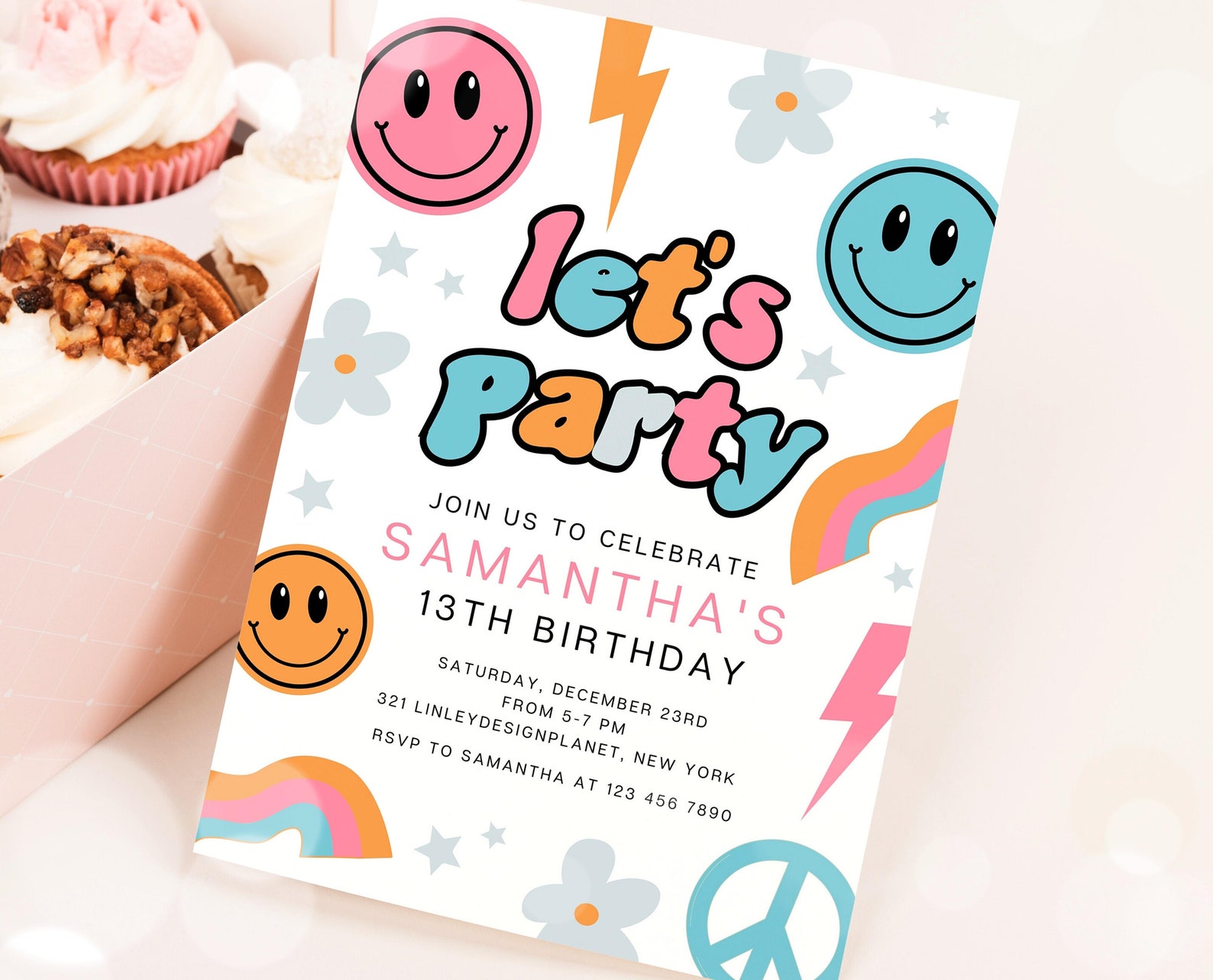 Editable Smiley Face Birthday Invitation, Retro Boy Birthday Party ...