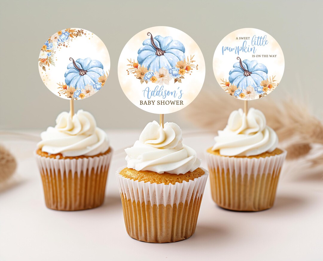 Editable Fall Baby Shower Cupcake Toppers, Blue Pumpkin Baby Shower ...