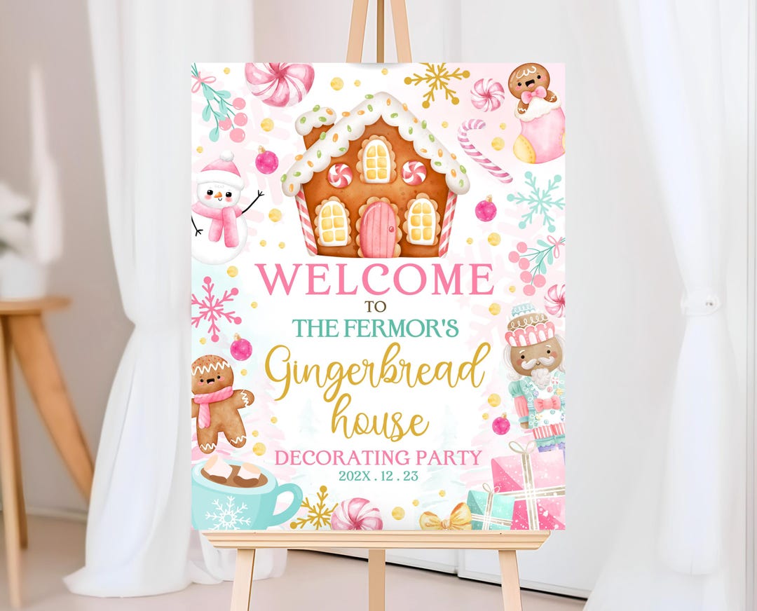 Editable Pink Gingerbread House Welcome Sign, Pink Christmas Party ...