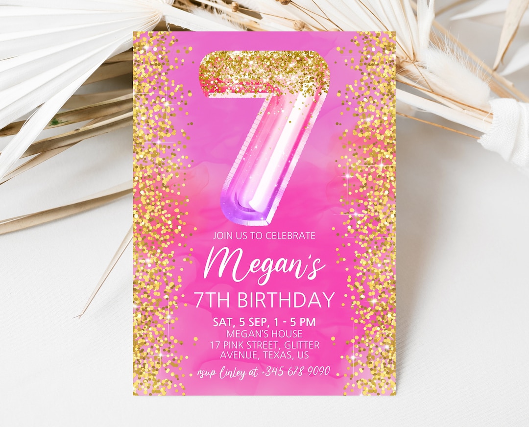 Editable Pink 7th Birthday Invitation Template, Gold Glitter Birthday ...