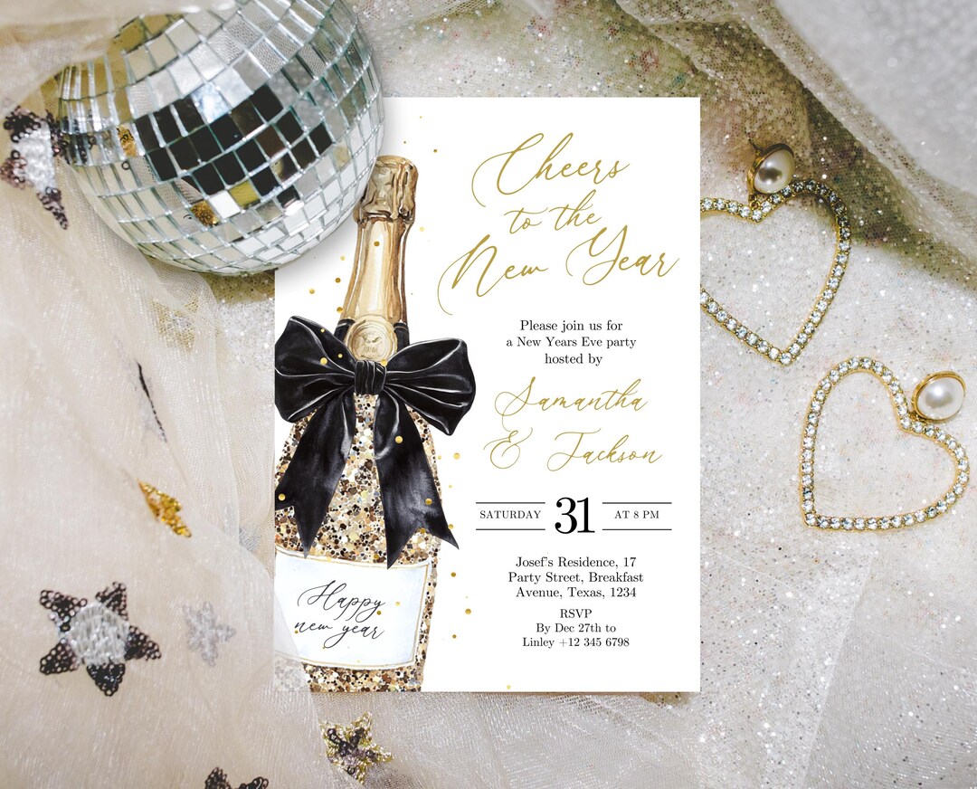 New Years Party Invitation Minimal Modern Champagne Bottle Popping ...