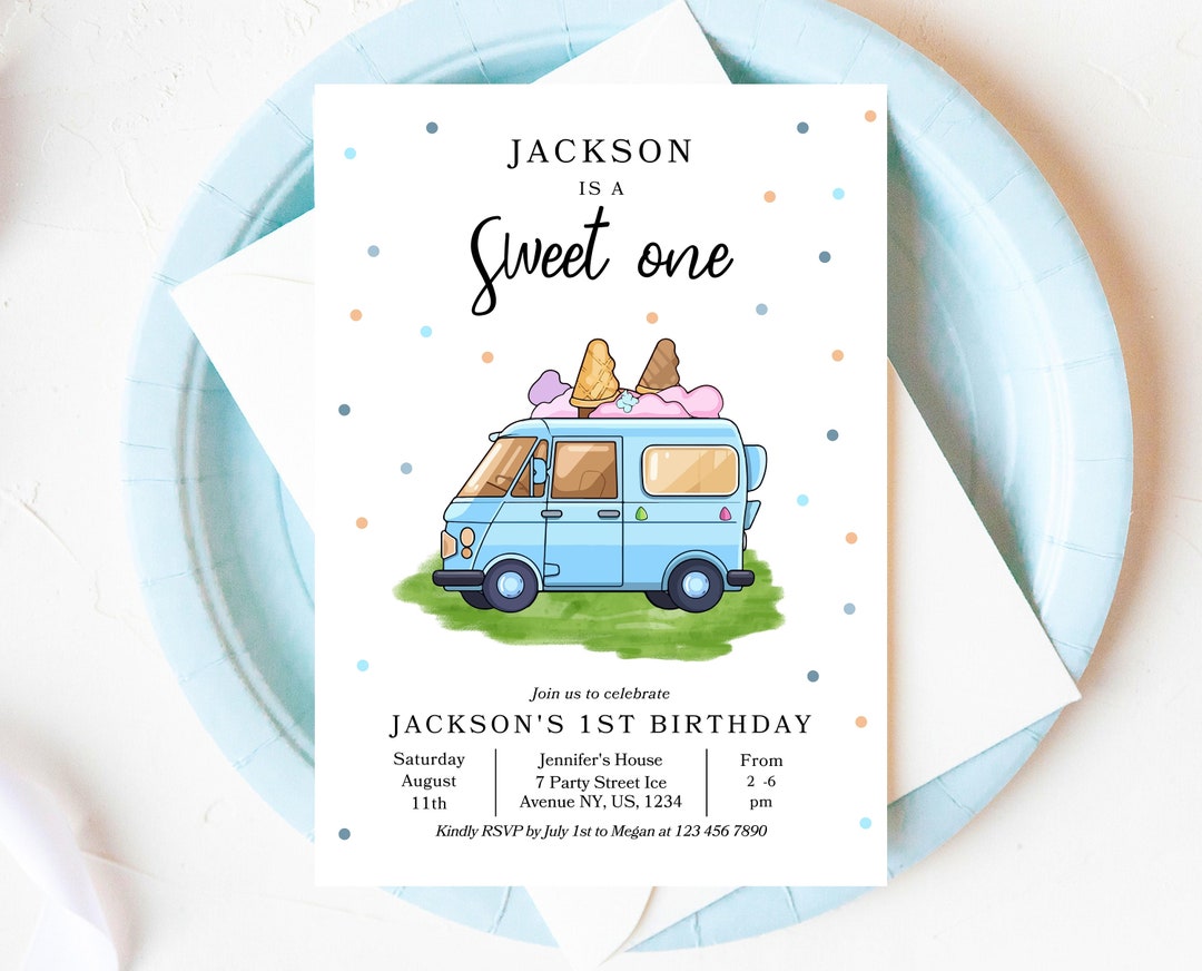 Editable Sweet One Ice Scream Birthday Invitation Template - Etsy