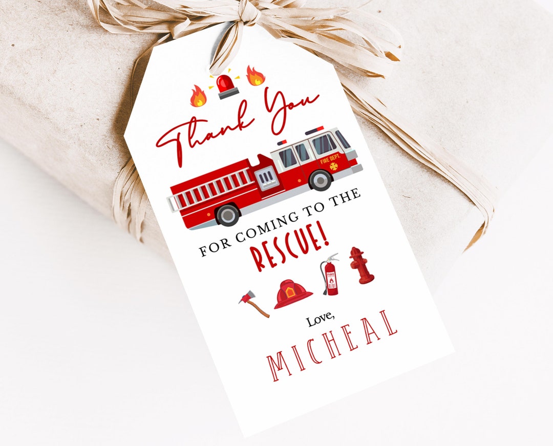 Editable Fire Truck Birthday Favor Tag Template, Firefighter Birthday ...