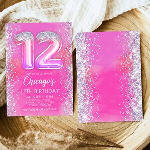 Editable Pink 12th Birthday Invitation Template, Glitter Birthday ...