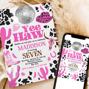 Editable Disco Cowgirl Birthday Party Invitation, Pink Disco Cowgirl ...