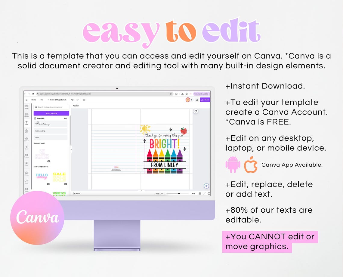 Editable Teacher Appreciation Gift Card: Printable Thank You (canva ...