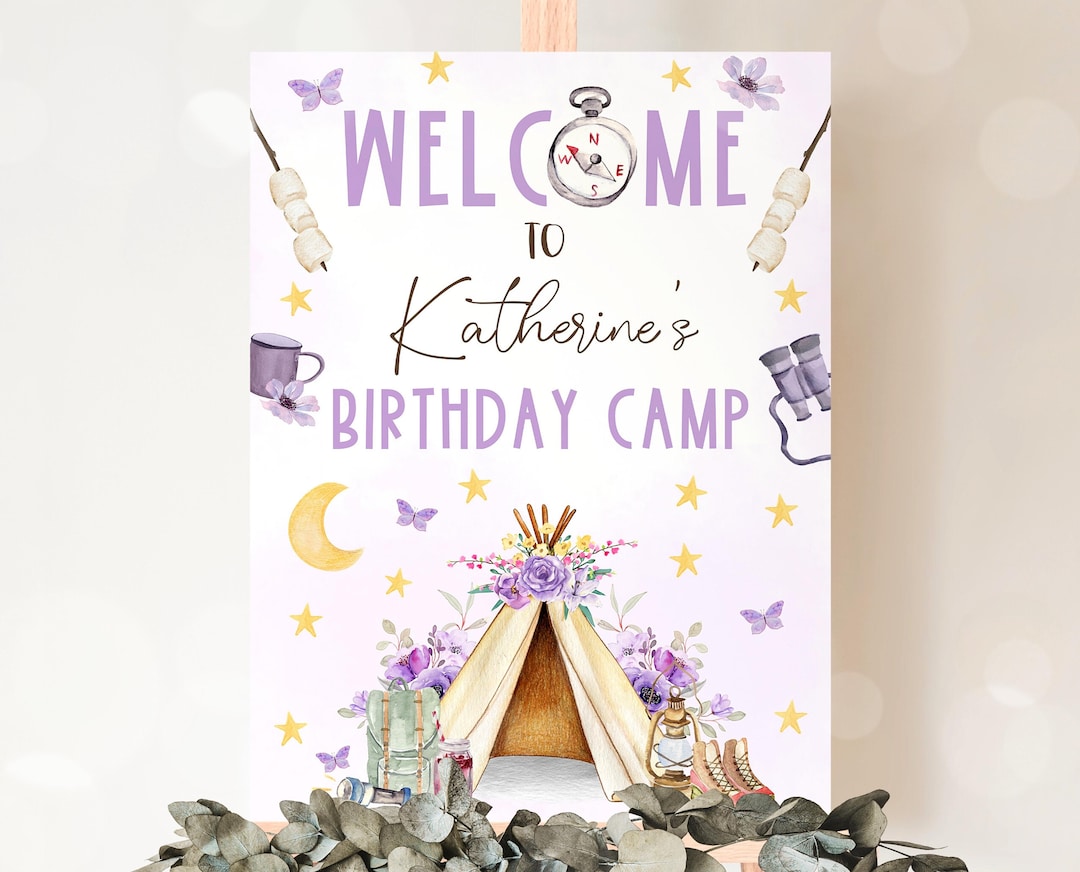 Editable Girl Camp Welcome Sign, Camp Out Sleepover Party Sign ...