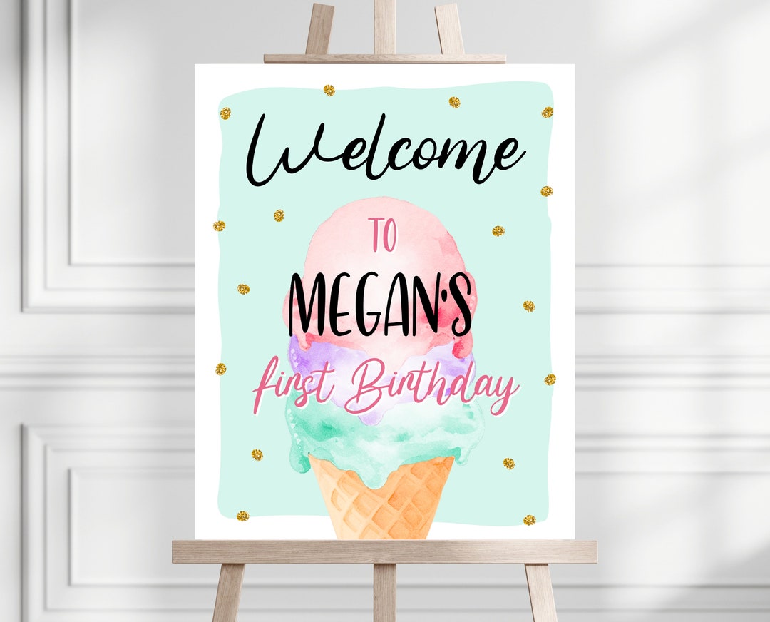 Editable Blue Ice Cream Welcome Sign, Pastel Ice Cream Birthday Welcome ...