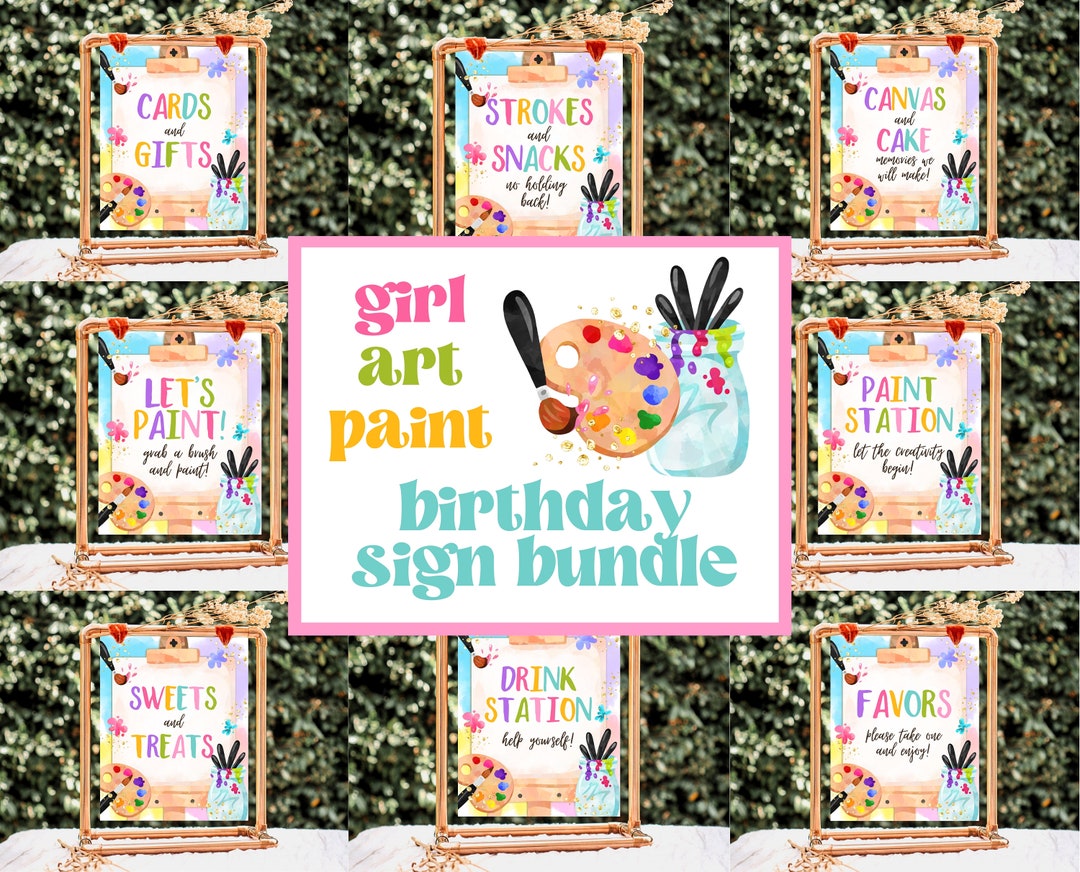 Editable Art Birthday Sign Bundle, Rainbow Art Party Birthday Paint ...