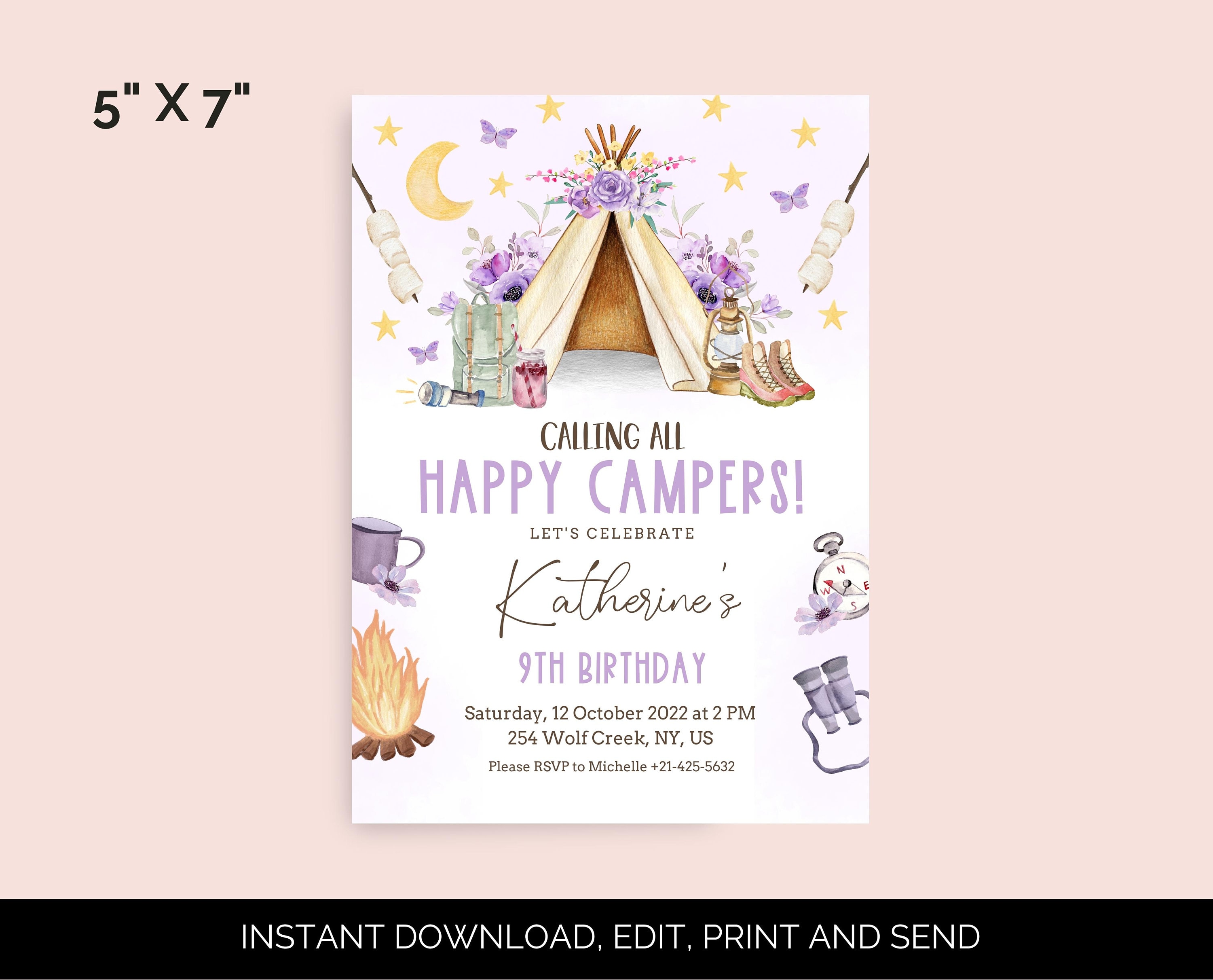 Editable Girl Camp Party Invitation Camp Out Birthday Party - Etsy ...