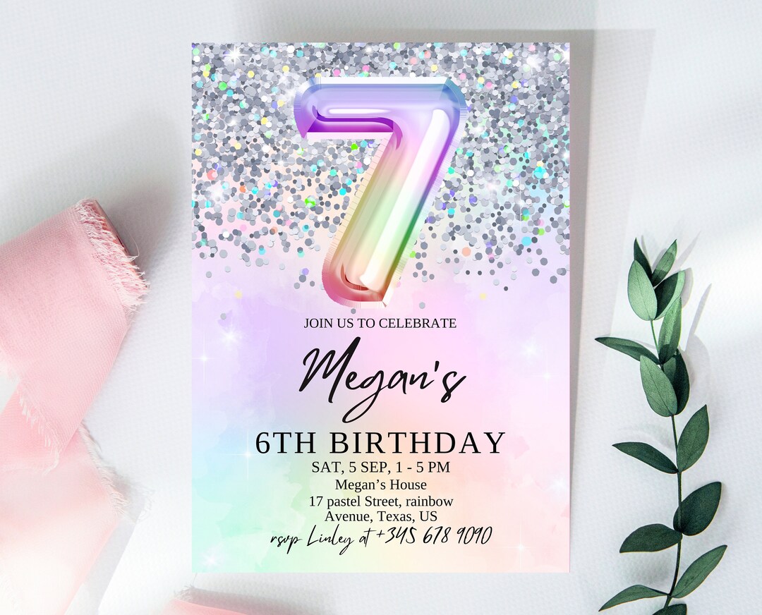 Editable Pastel Rainbow 7th Birthday Invitation Template, Birthday ...