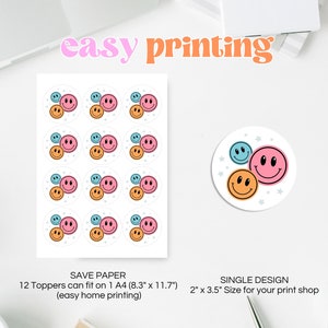 Editable Smiley Face Cupcake Toppers Template, Groovy Smiley Birthday ...