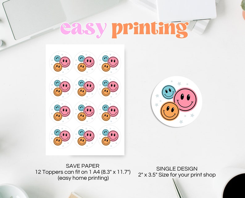 Editable Smiley Face Cupcake Toppers Template, Groovy Smiley Birthday ...