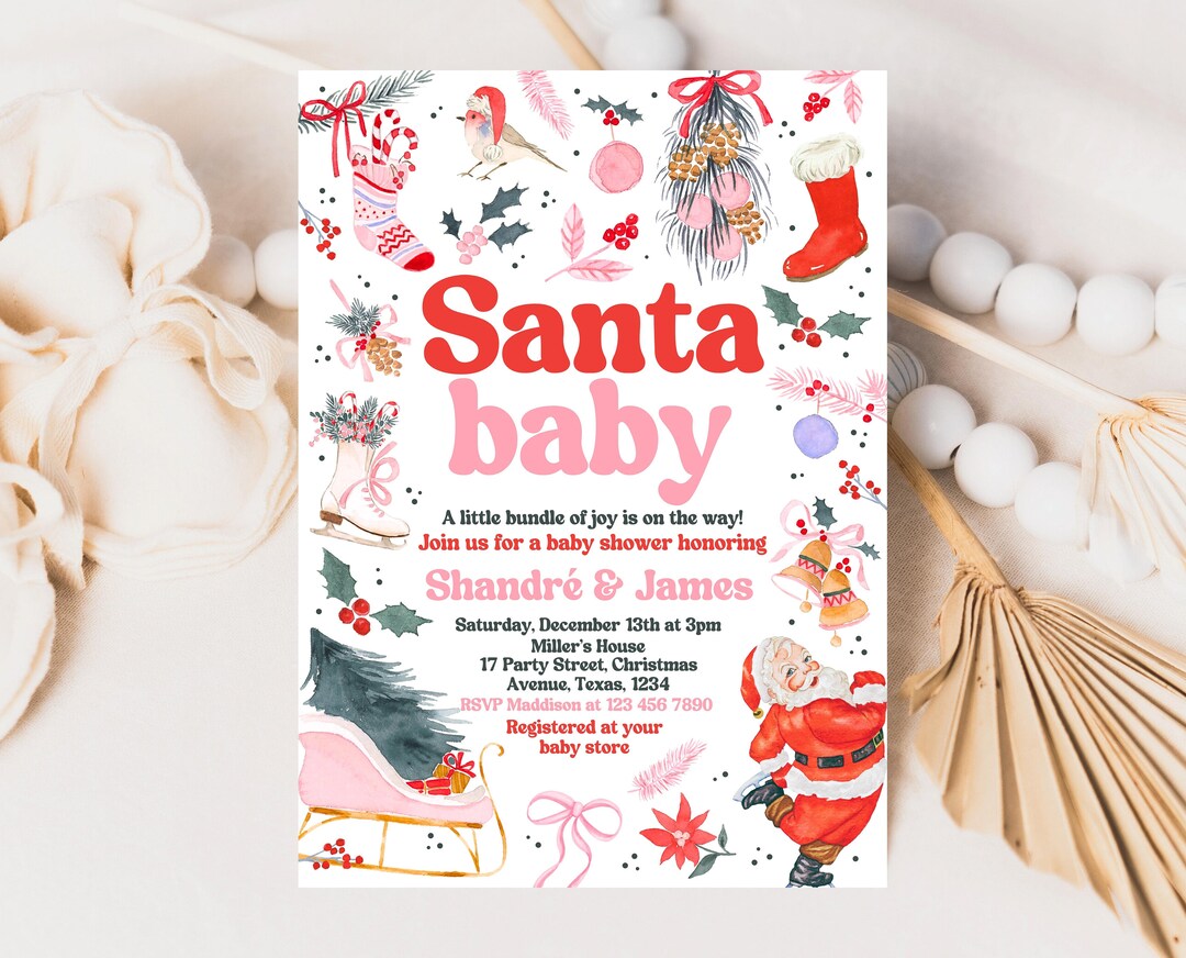 Editable Santa Baby Shower Invitation Template, Christmas Red and Pink ...
