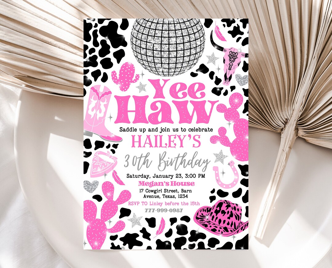 Editable Disco Cowgirl 30th Birthday Invitation, Pink Disco Cowgirl ...