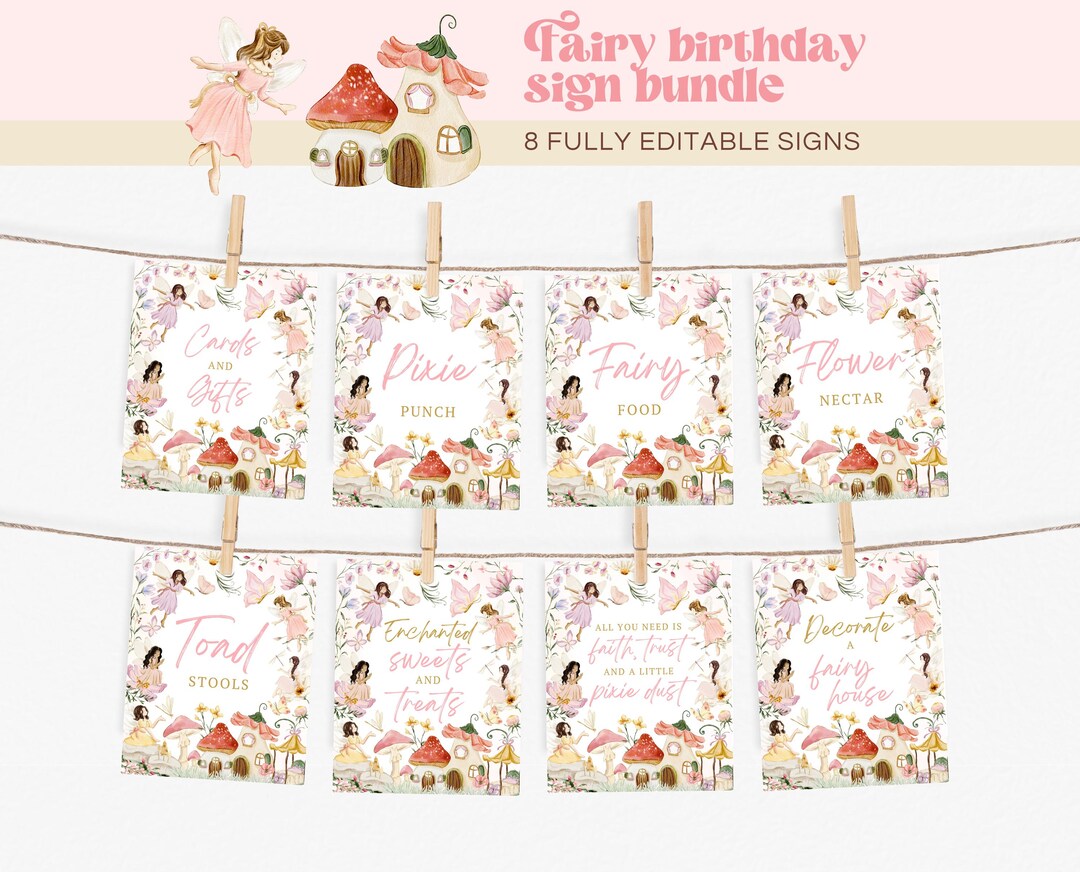 Editable Fairy Birthday Sign Bundle: Whimsical Party Decor (instant ...