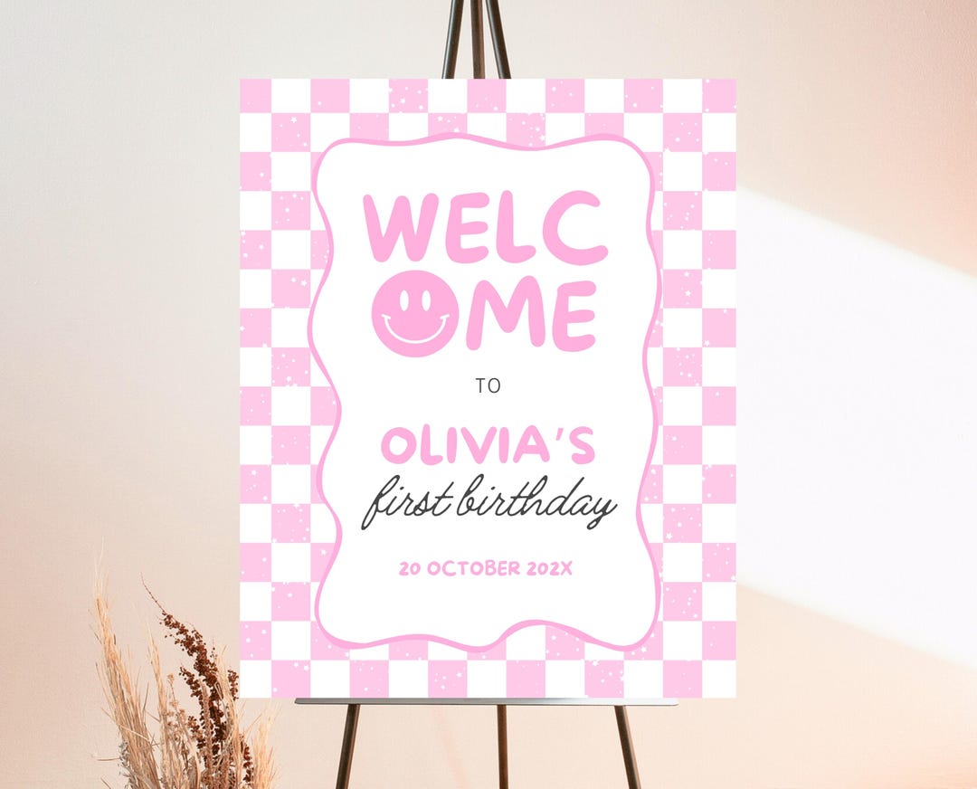 Pink Checkered Smiley Birthday Welcome Sign: Editable Retro Theme ...