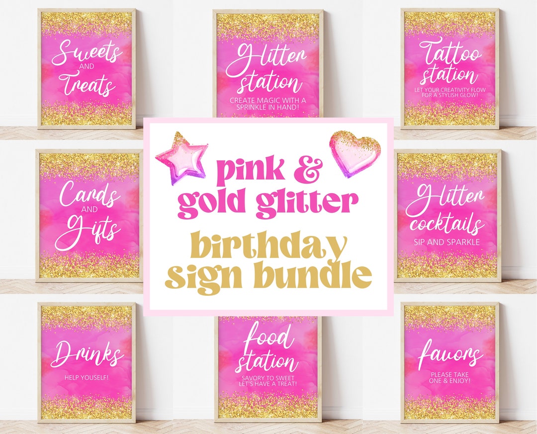 Editable Pink Birthday Sign Bundle Template, Gold Glitter Birthday Sign ...