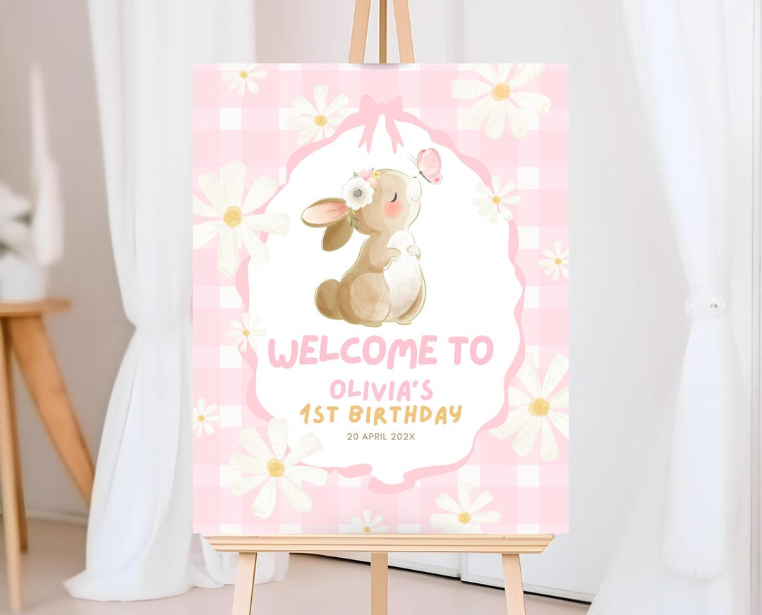 Editable Bunny Birthday Welcome Sign, Rabbit Birthday Party, Hop on ...
