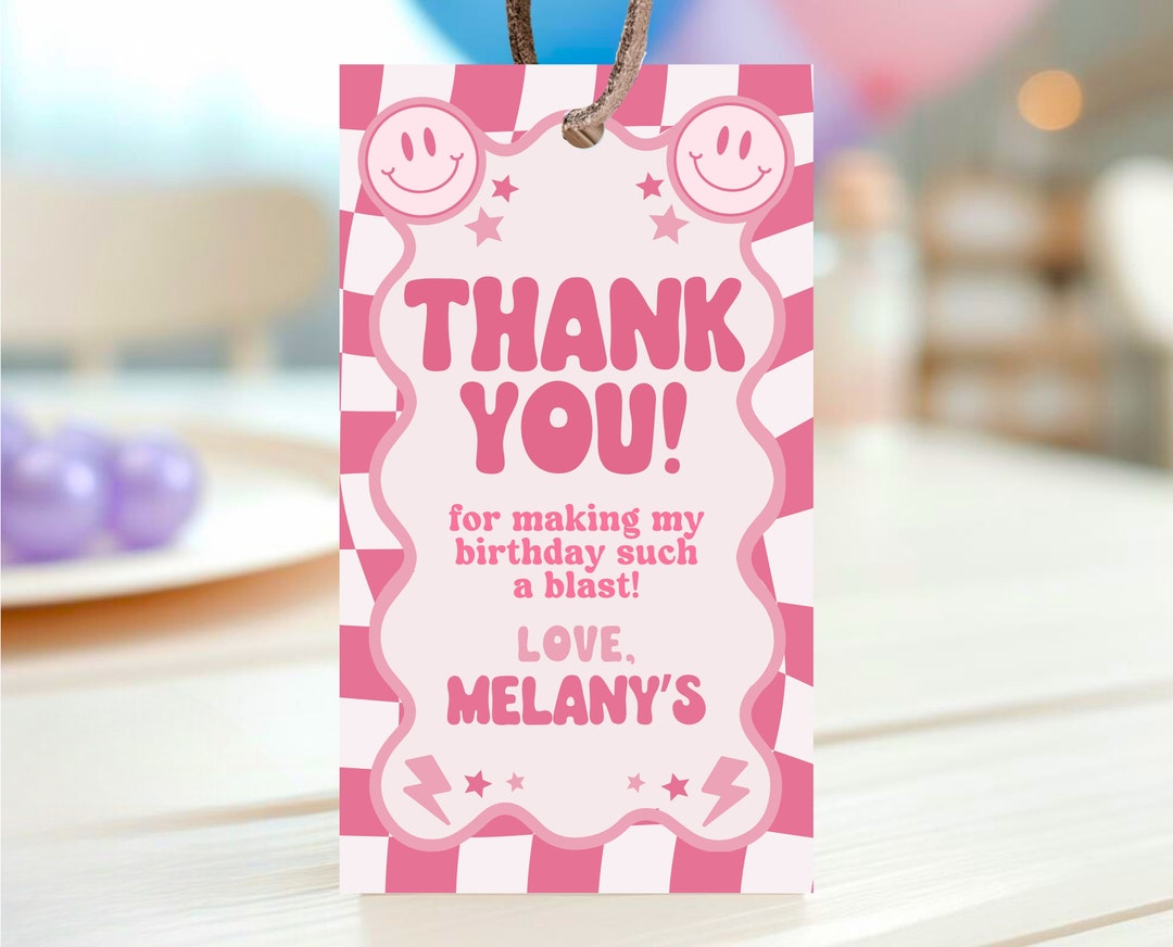 Editable Retro Smiley Birthday Favor Tag, Preppy Smile Theme Tags, Pink ...