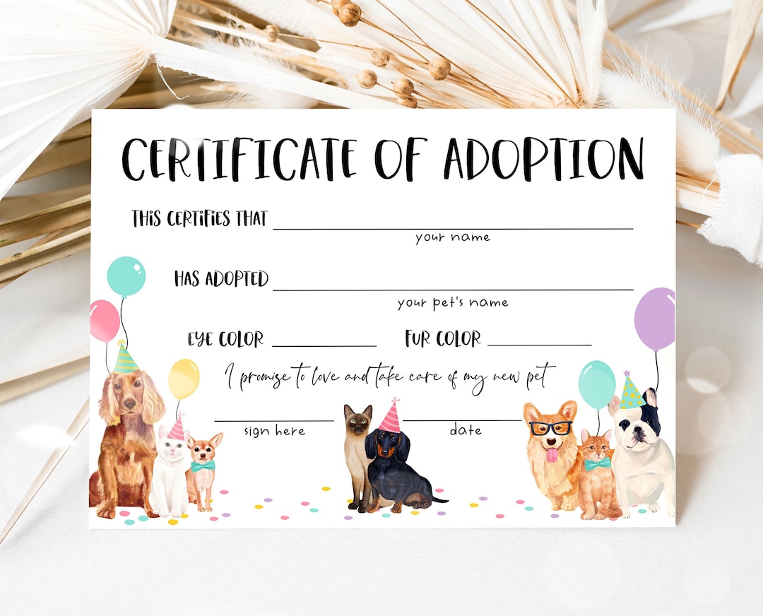 Editable Pet Adoption Certificate Puppy & Kitten Birthday - Etsy