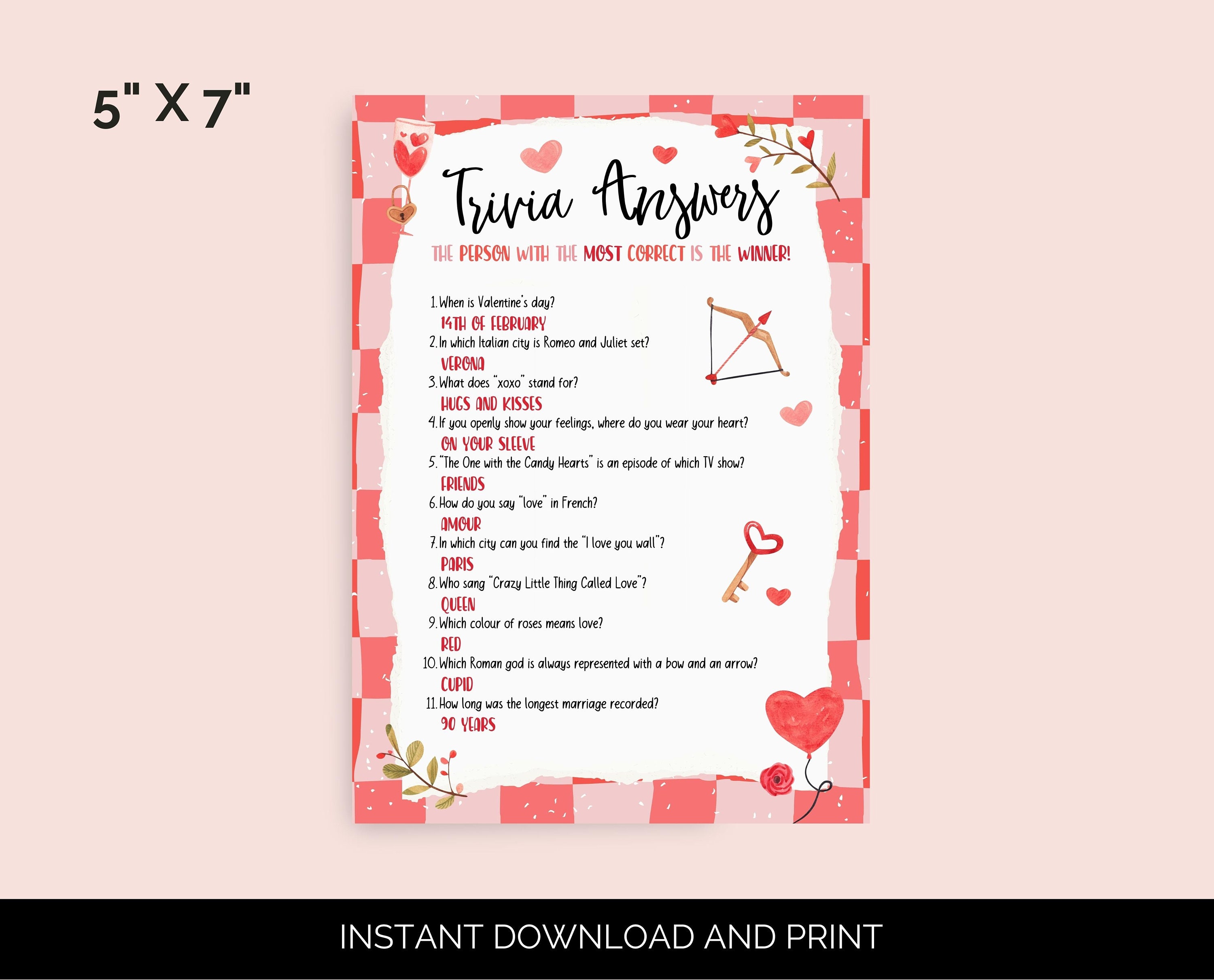 Valentines Day Trivia Game Valentines Party Game Printable - Etsy