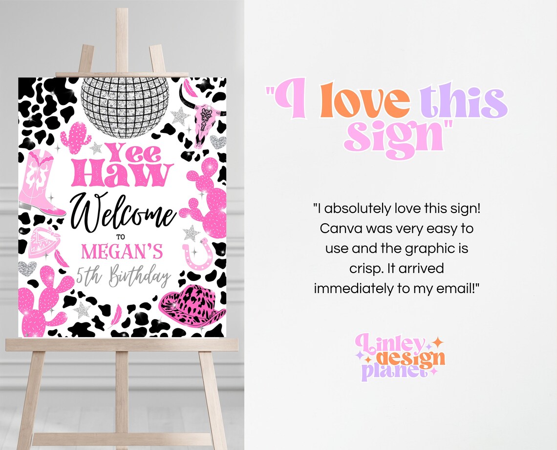Editable Disco Cowgirl Birthday Welcome Sign, Pink Disco Cowgirl ...