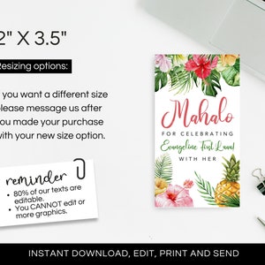 Editable Hawaiian Mahalo Birthday Favor Tag, Tropical Hawaiian Pool ...