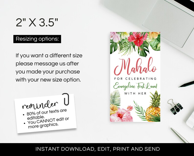 Editable Hawaiian Mahalo Birthday Favor Tag, Tropical Hawaiian Pool ...