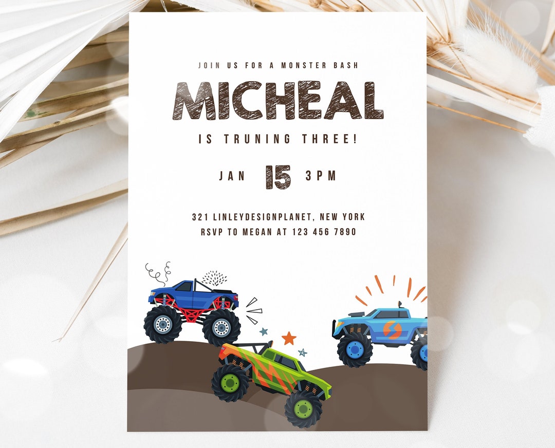 Editable Monster Truck Birthday Invitation, Kids Monster Truck Birthday ...