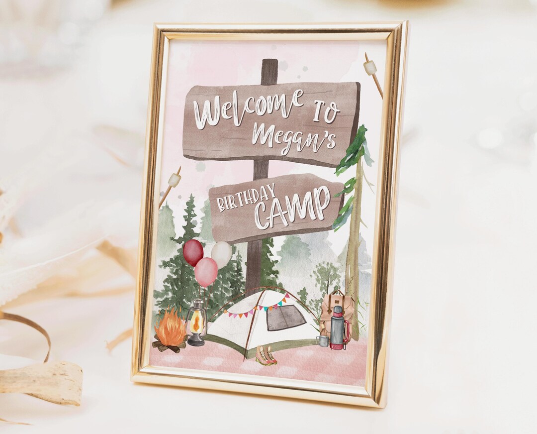 Editable Girl Camp Party Welcome Sign Camp Out Birthday Invite Outdoor ...
