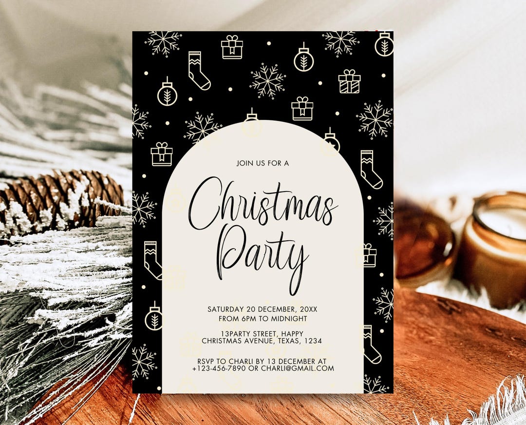 Editable Boho Christmas Party Invitation, Modern Holiday Party Invite ...