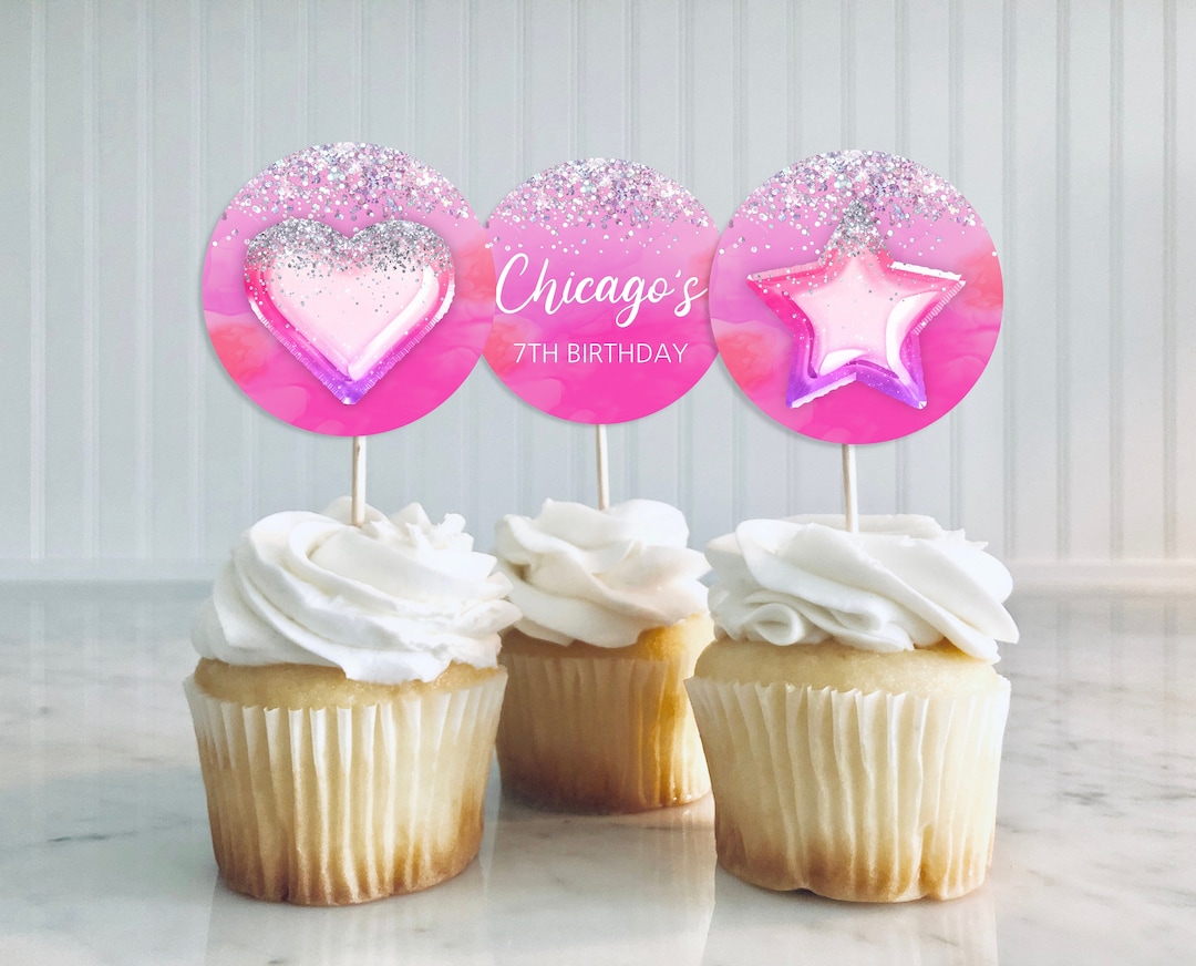 Editable Pink Birthday Cupcake Toppers, Glitter Birthday Cake Topper ...