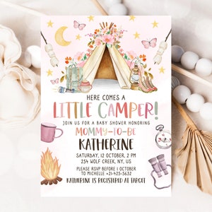 Editable Camping Baby Shower Invitation, Little Camper Baby Shower ...