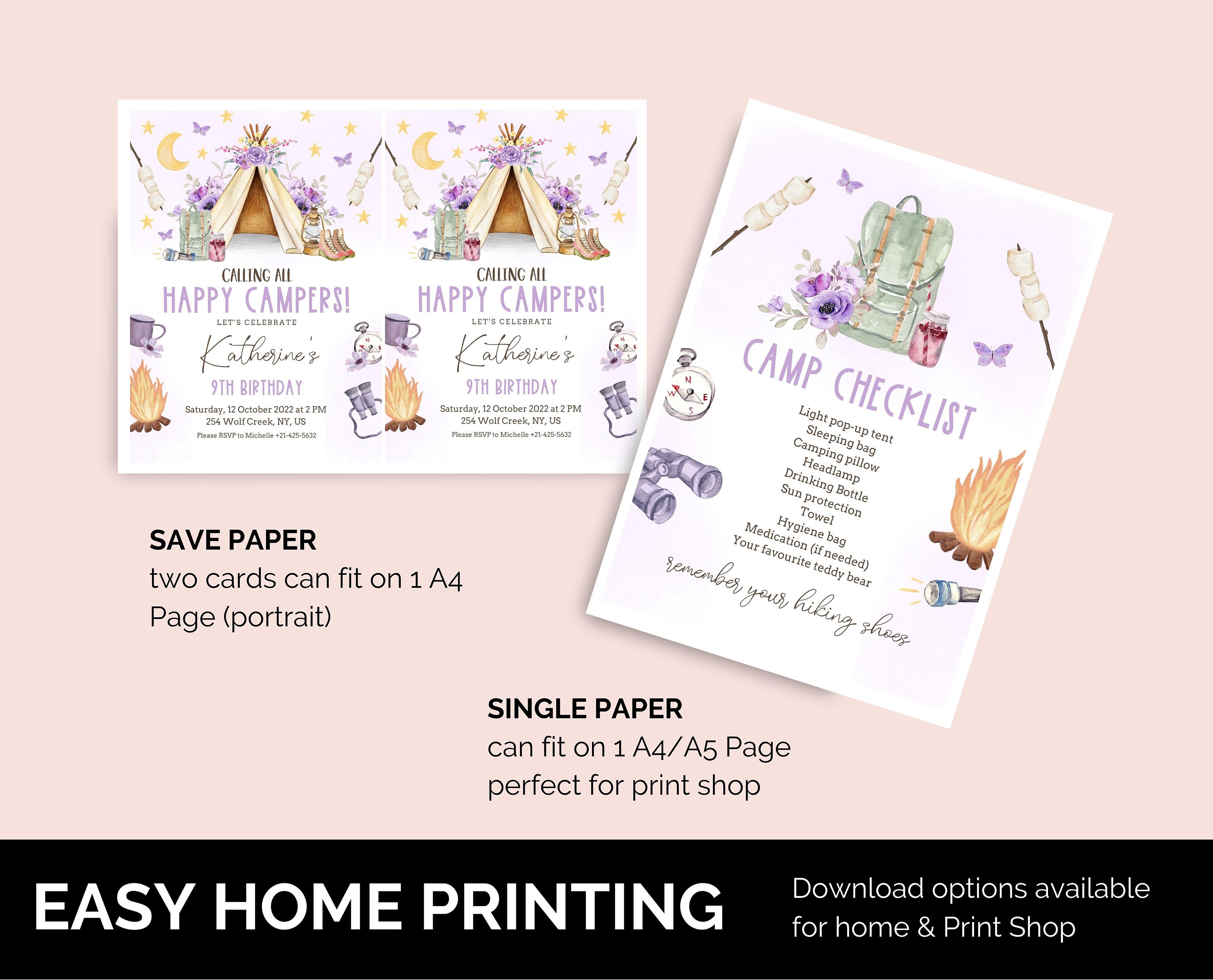 Editable Girl Camp Party Invitation Camp Out Birthday Party - Etsy Australia