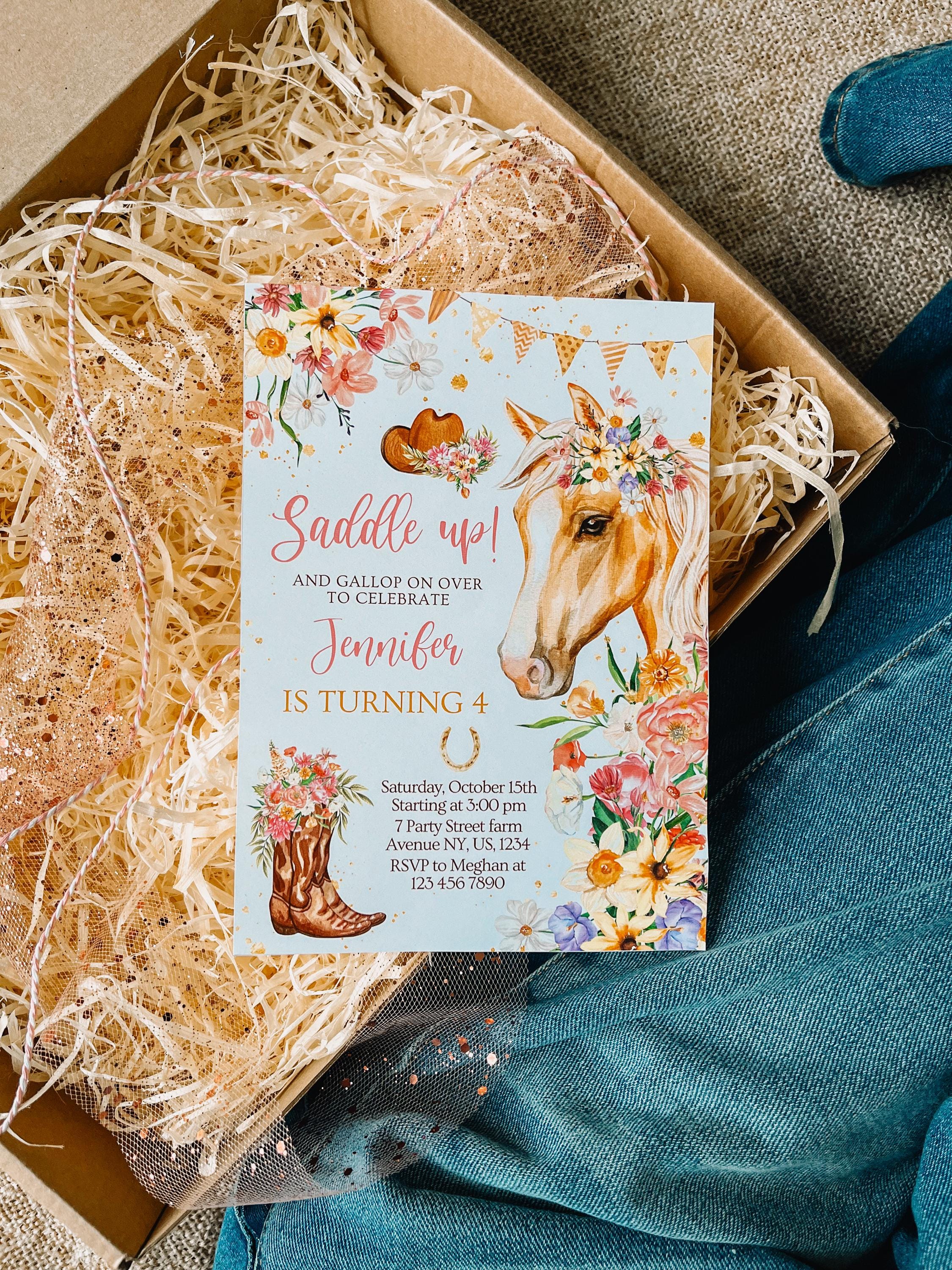 Editable Floral Horse Birthday Invitation Template, Girl Saddle up ...