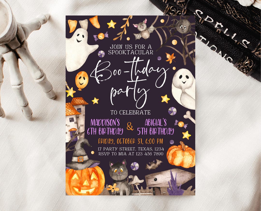 Editable Halloween Joint Birthday Invitation, Spooky Halloween Twin ...