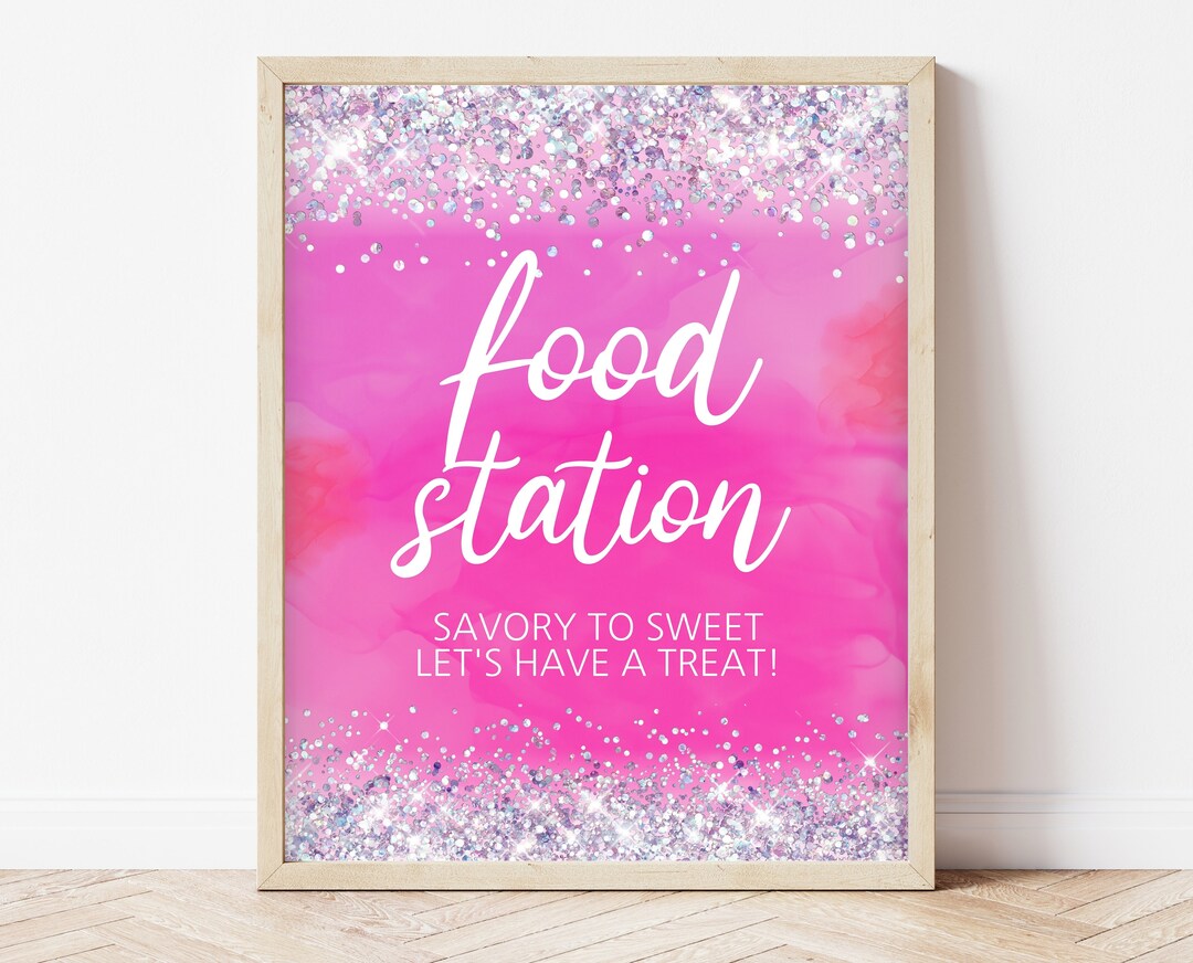 Food Station Sign Pink Glitter Birthday, Glitter Birthday Food Station ...