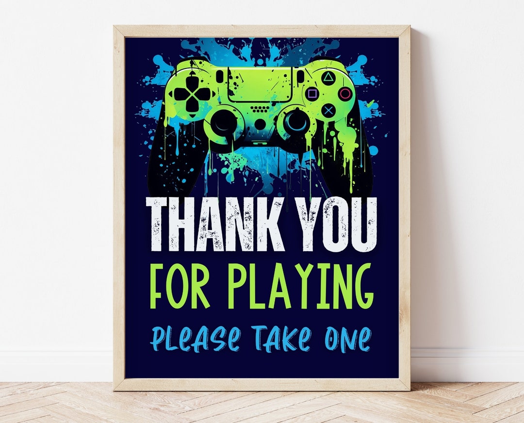 Thank You Sign Video Game Birthday, Boy Gamer Birthday Party Sign, Neon ...